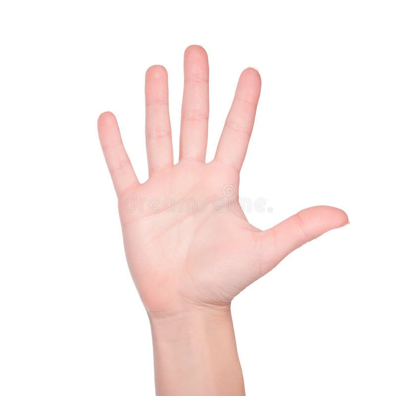Mano De La Mujer Que Muestra Los Cinco Fingeres Foto de archivo ...