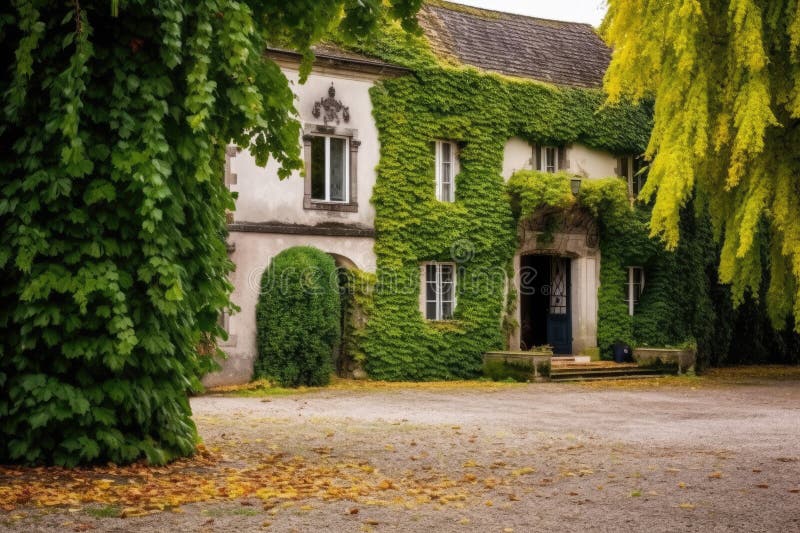 A Manor House with a Cobblestone Yard and Ivy Walls Stock Illustration ...
