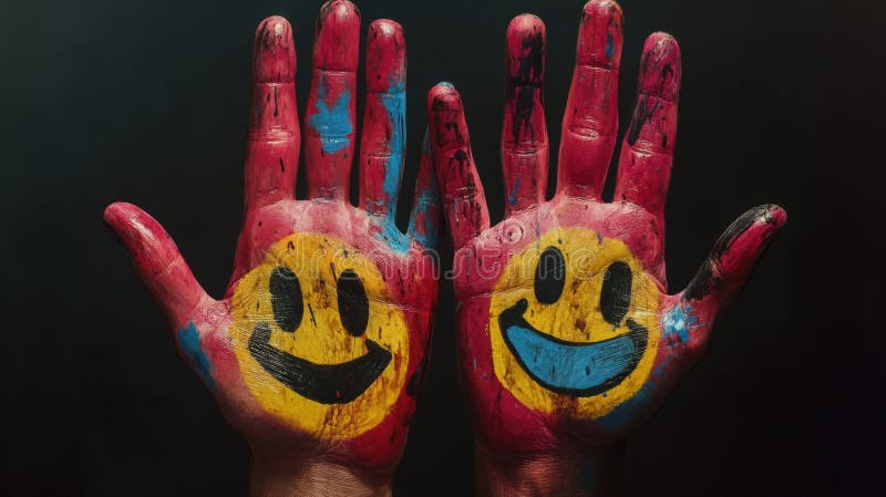 Manos Pintadas Con Colores Vivos Y Caras Sonrientes Alegres Stock de ...
