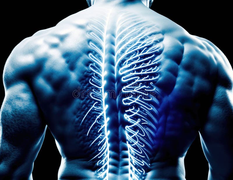 Mans Back with a Blue Glowing Spine. Stock Photo - Image of cord, back ...