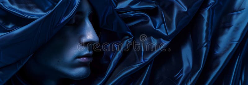A Mans Face Partially Covered by Draped, Shiny Blue Fabric, with ...
