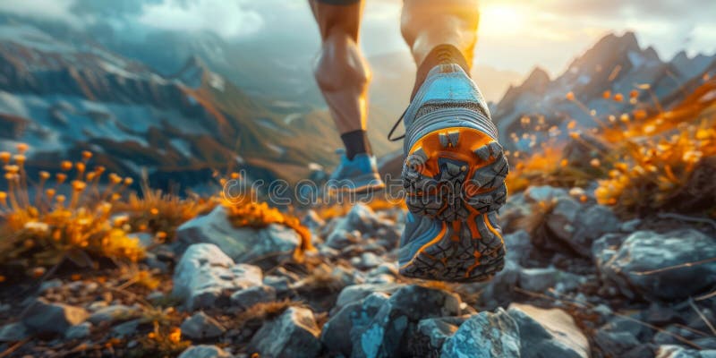 Mans Feet Pound the Rugged Trail, Swiftly Navigating the Rocky Terrain ...