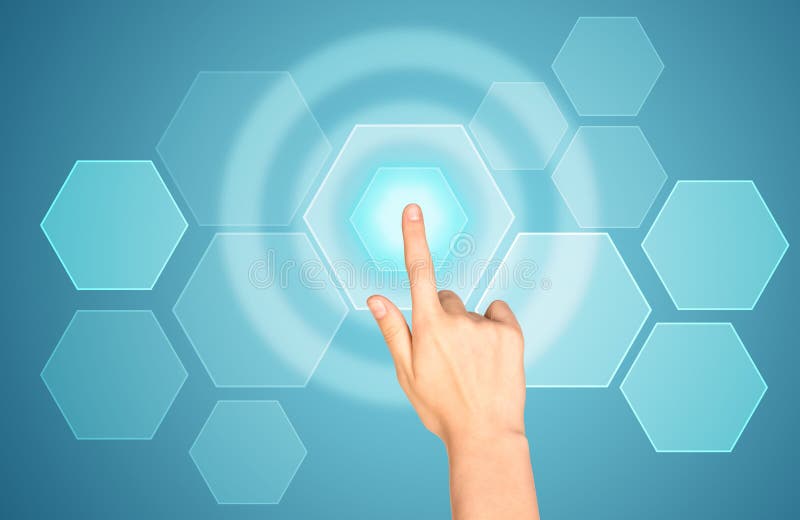 Mans Finger Clicking on Virtual Blue Screen Stock Image - Image of ...