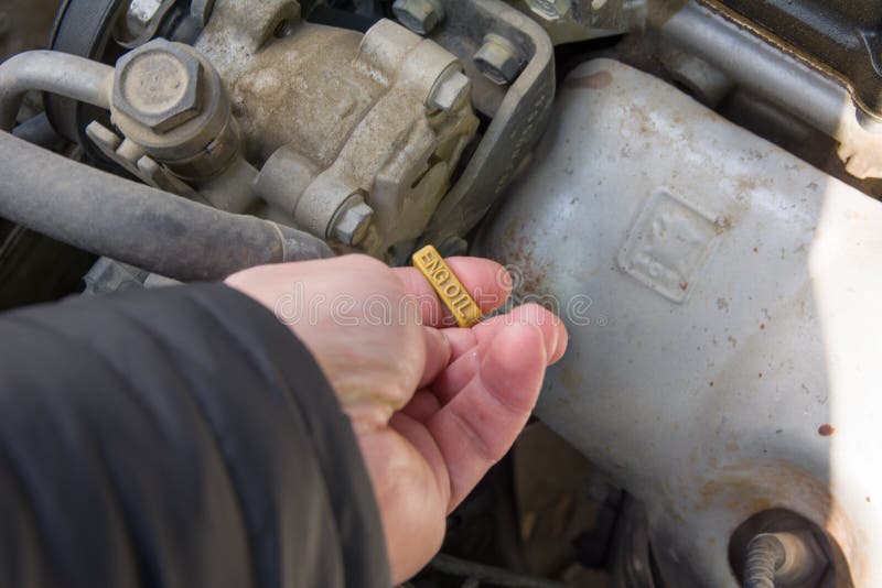 Mans Hand Check Engine Oil Level Check, Dirty Dust Engine Stock Image ...
