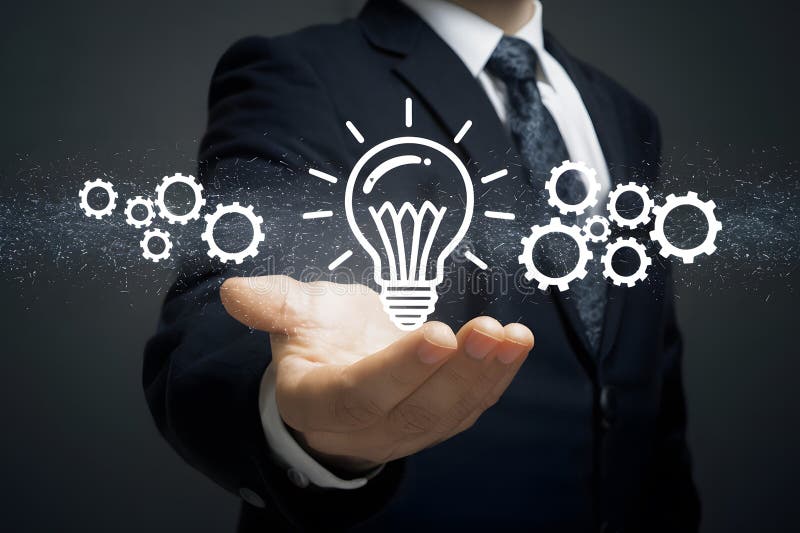 Mans Hand with Light Bulb and Gear Icon, Symbolizing Innovation and ...