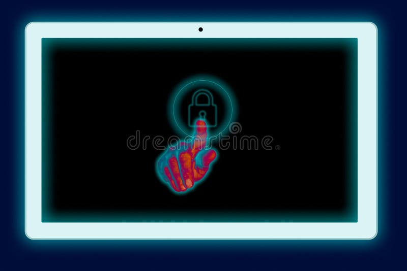 Mans Hand Pressing Lock Icon on Black Screen Stock Photo - Image of ...