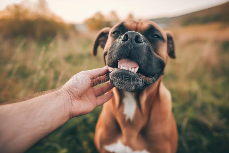Mans Hand Scratching the Chin of a Smiling Boxer in a Field Stock Photo ...