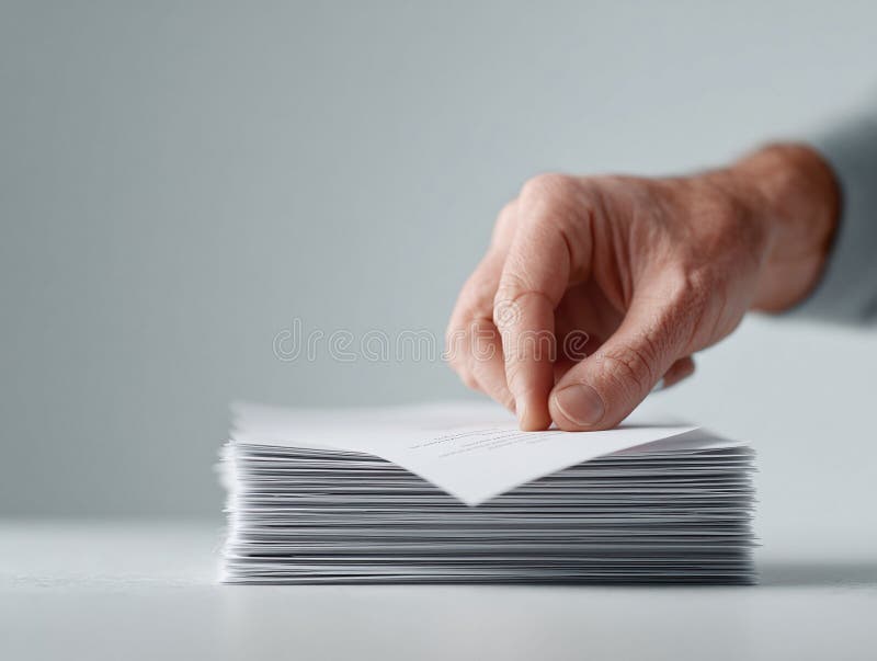 Mans Hand Selecting a Sheet from a Large Stack of Papers. Represents ...