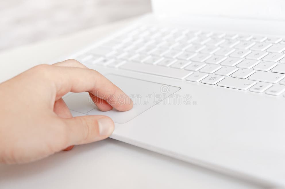 Mans Hand Touching Touchpad by Finger. White Workspace Stock Photo ...