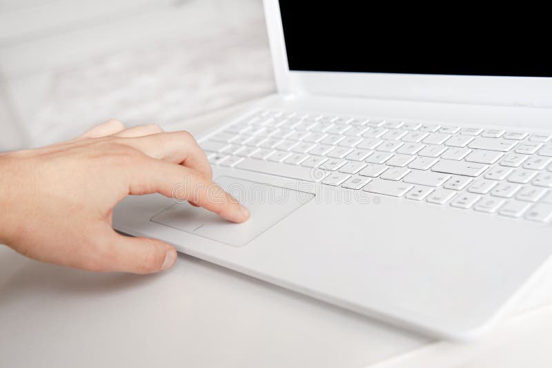 Mans Hand Typing on White Keyboard by Fingers. White Workspace Stock ...