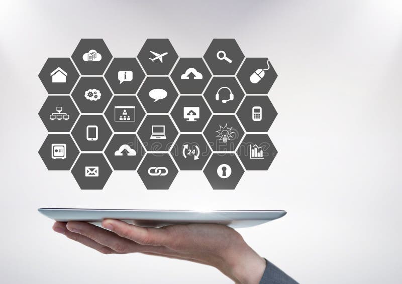 Mans Hand Using Digital Tablet with Application Icon Stock Illustration ...