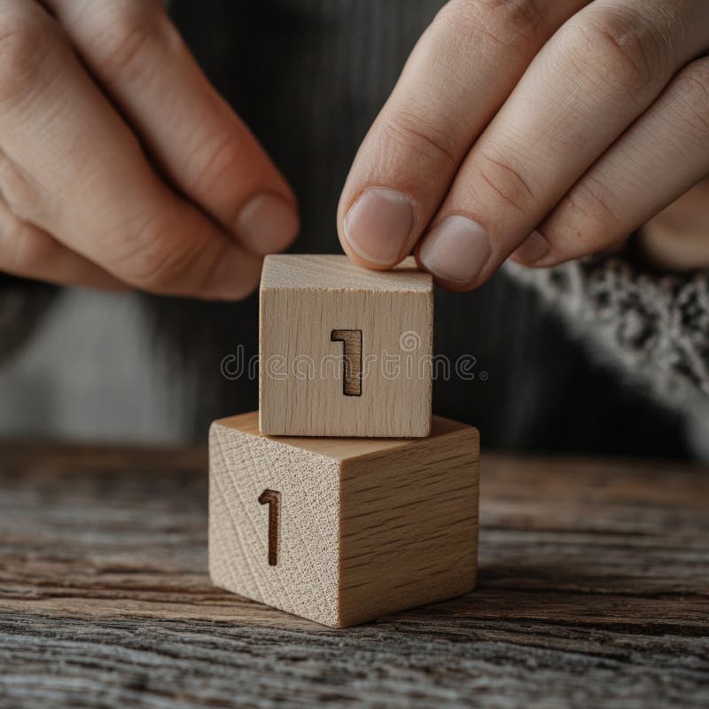 Mans Hands Carefully Building Number Eleven with Two Wooden Blocks on a ...