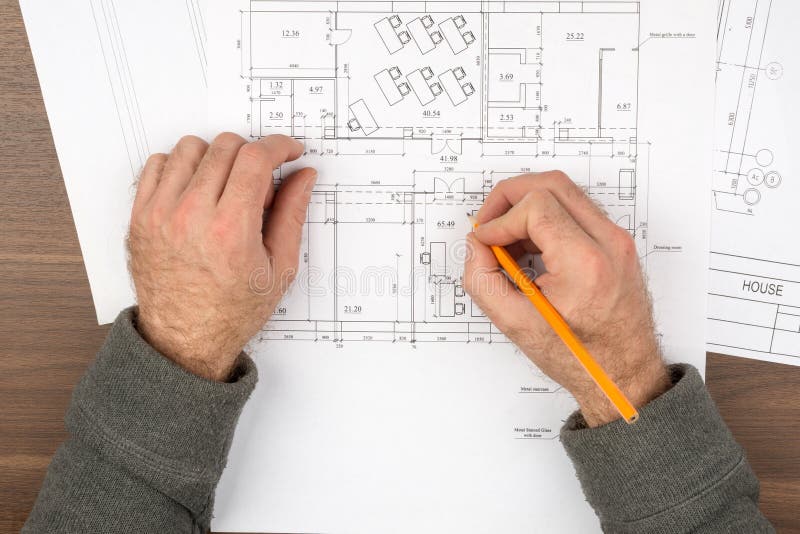 Mans Hands Drawing Drafts, Top View Stock Image - Image of table, mans ...