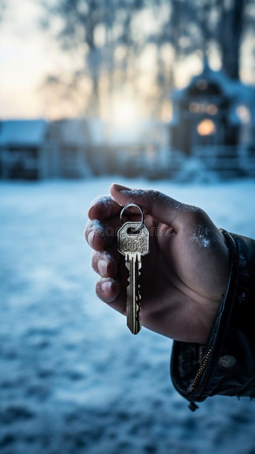Mans Hands with a Key, a Wintry Scene Signifies Potential Stock ...