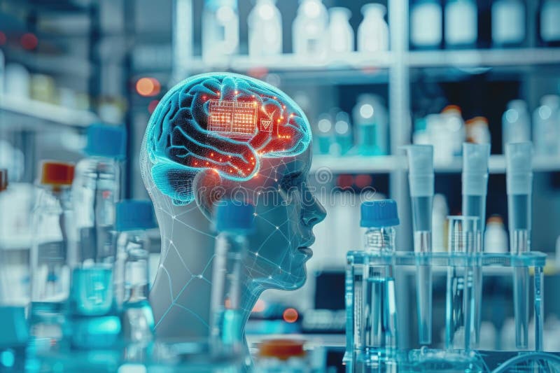 A Mans Head Surrounded by Advanced Laboratory Equipment in a Futuristic ...