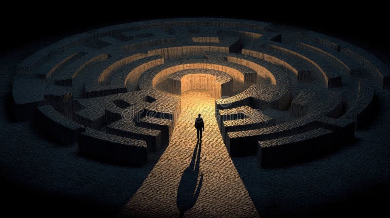 Mans Shadow Cast Across an Intricate Labyrinth Under Soft Lighting at ...