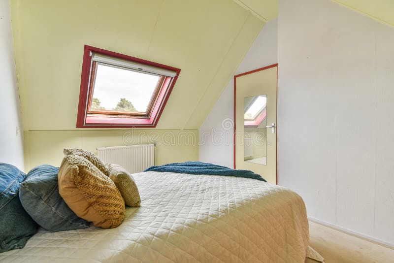 Mansard Bedroom with Minimalist Interior Design Stock Photo - Image of ...