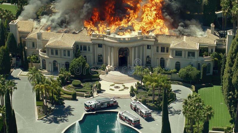 Mansion Engulfed in Flames with Firefighting Trucks Responding To Large ...