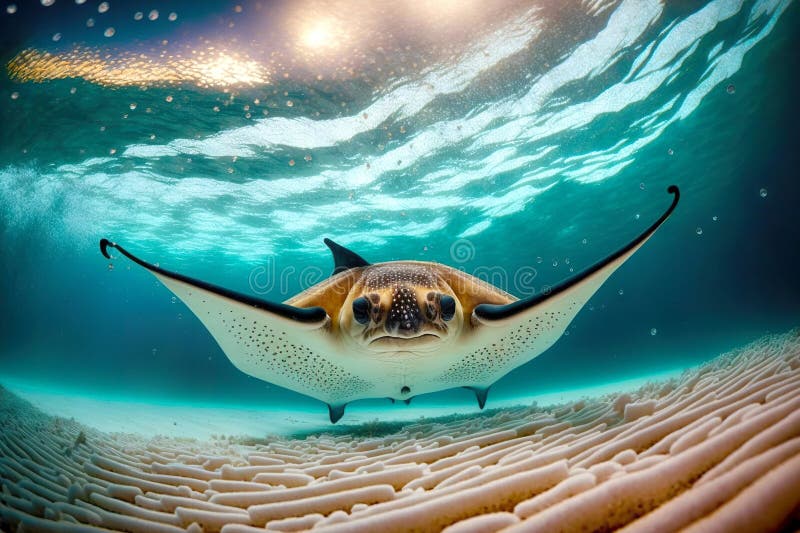 Manta Ray Floating Over Sandy Bottom in Ocean Stock Illustration ...