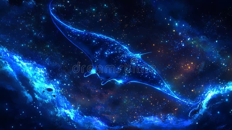 Manta Ray Gliding through Bioluminescent Waters. Stock Illustration ...