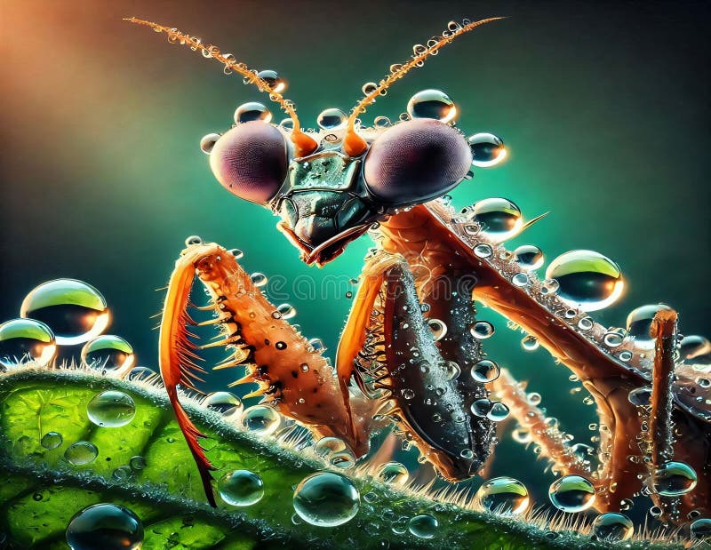 Mantis Covered in Water Droplets on a Green Leaf Stock Illustration ...