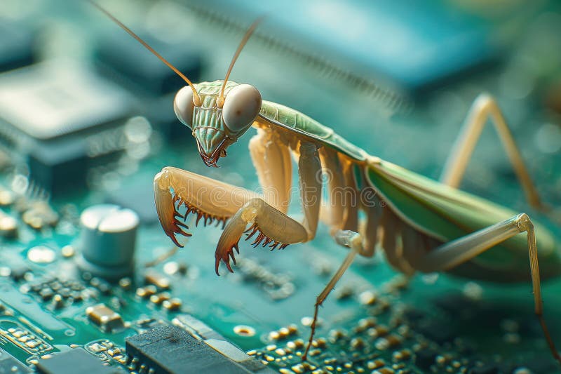 Mantis Sitting on Computer Motherboard Background. Computer Virus or ...