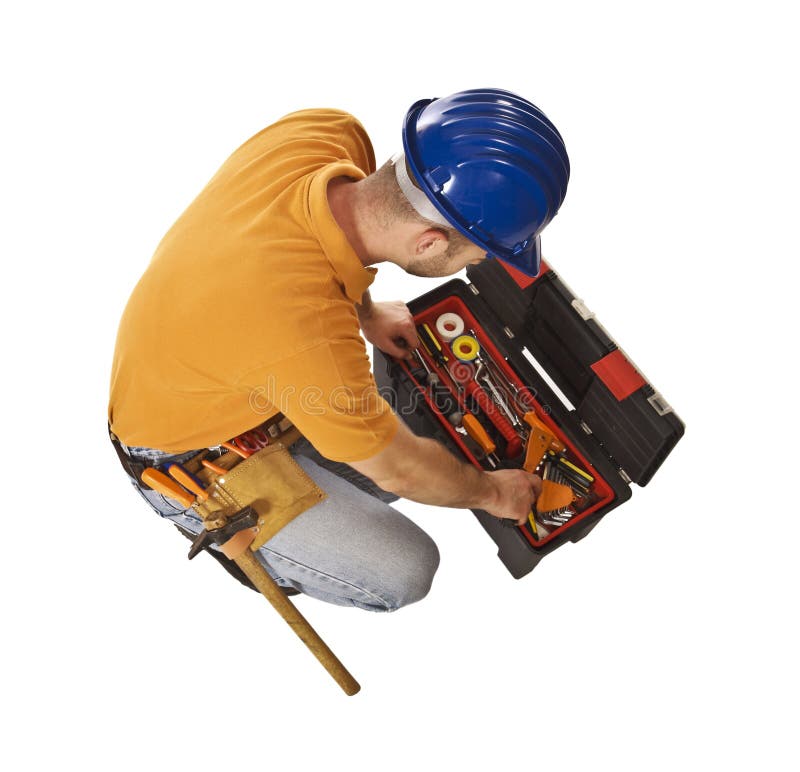 Man at work with toolbox stock photo. Image of positive - 12121164