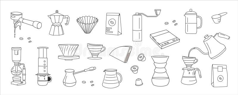 Manual Alternative Coffee Brewing Methods and Tools Hand Drawn Doodle ...