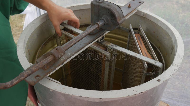 Manual Centrifuge Device that Spin the Honey from Cells. Stock Footage ...