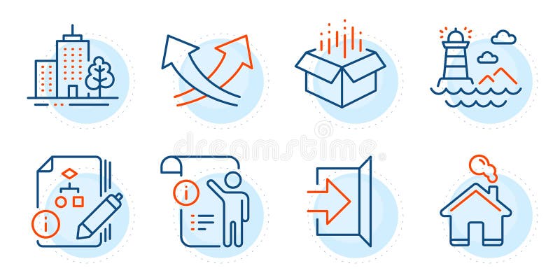 Manual Doc, Lighthouse and Open Box Icons Set. Skyscraper Buildings, Intersection Arrows and ...