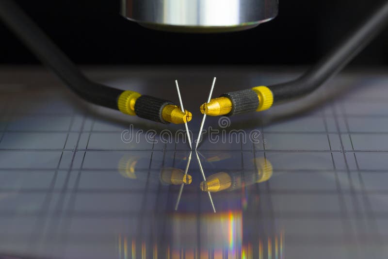 Checking Microchips on Silicon Wafer with Probe Station.Microelecronics ...