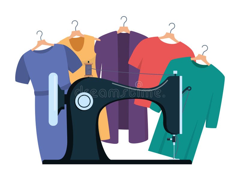 Manual Sew Machine and Finished Dresses. Black Retro Sewing Machine for ...