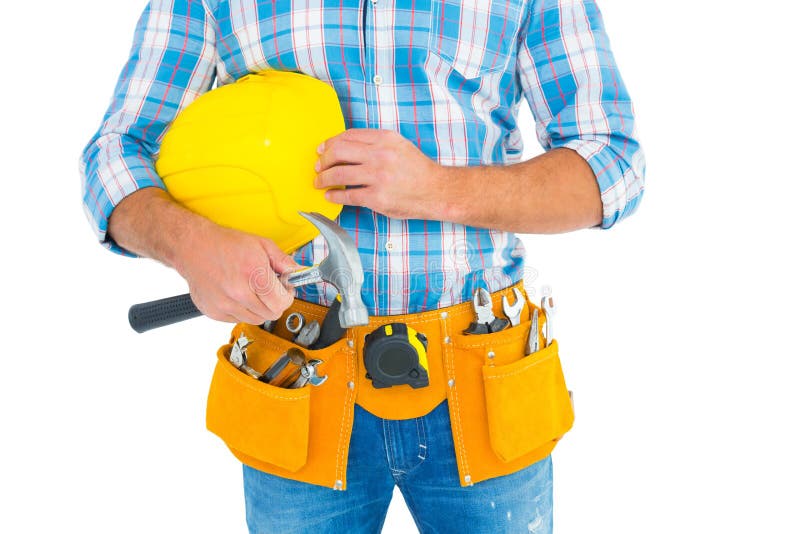 Manual Worker Wearing Tool Belt while Holding Hammer and Helmet Stock ...
