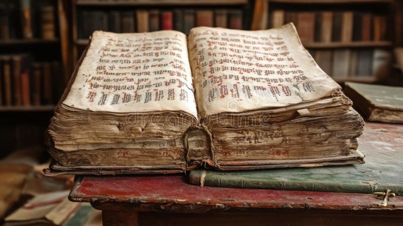 Manuary Ancient Manuscript on Wooden Table in Historic Library Setting ...