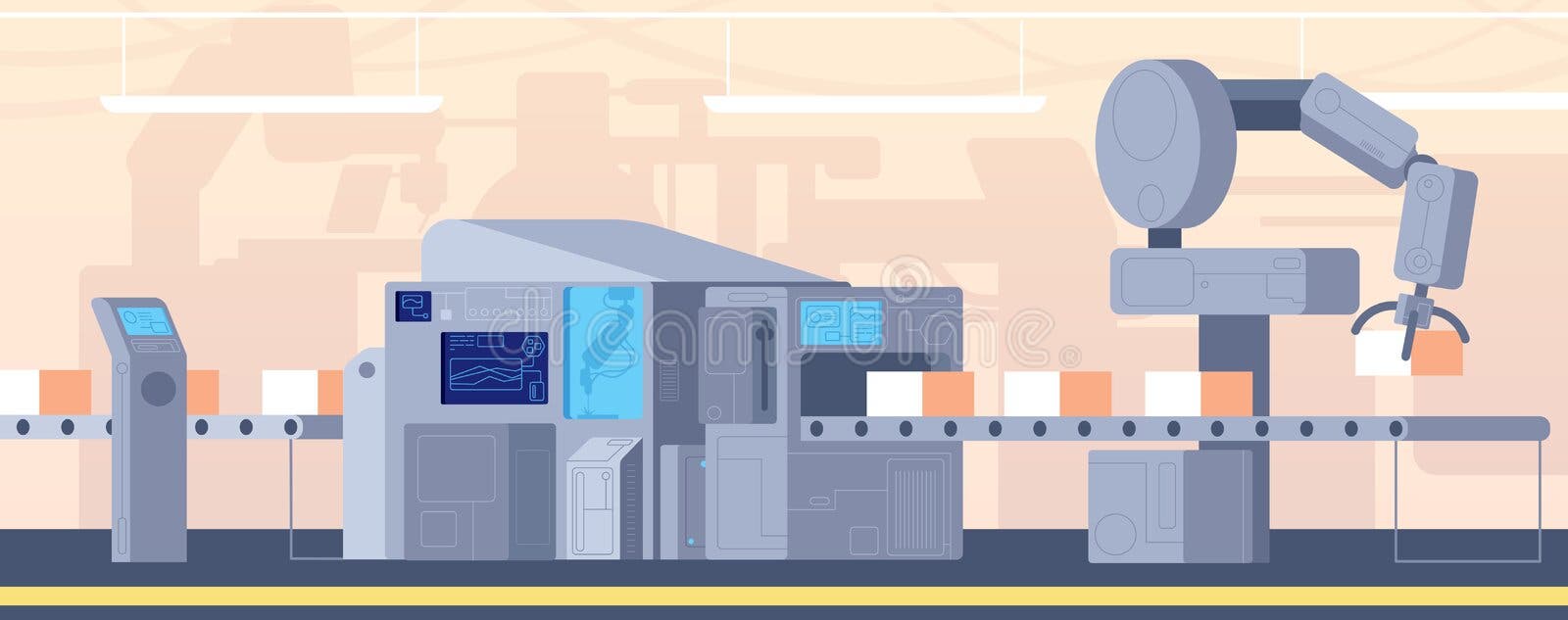 Automated Production Line, Factory Conveyor with Workers and Robotic ...