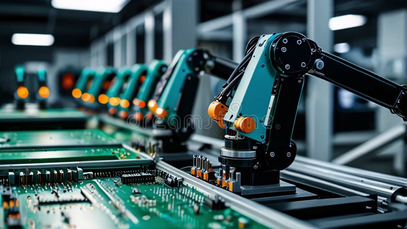 Electronic Devices Production Industry. Fully Automated Modern PCB Assembly Line Equipped with ...
