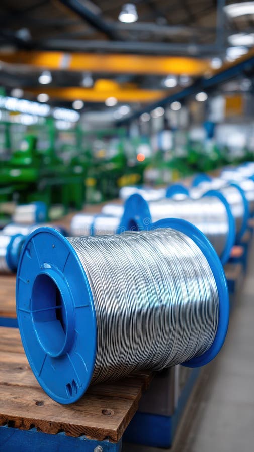Manufacturing Facility Interior with Rolls of Metal Wire on Pallets ...