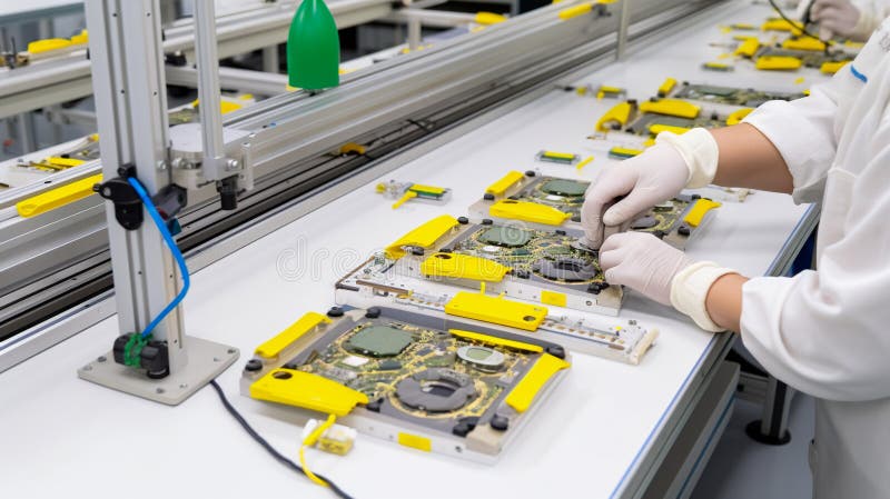 Manufacturing in a High-Tech Factory, Technician Assembling ...