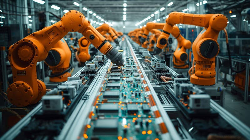 Manufacturing Orange Robots in the Assembly Workshop Perform Precision ...