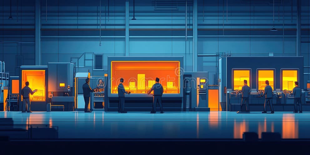 Manufacturing Process Inside a Modern Facility during Evening Hours ...