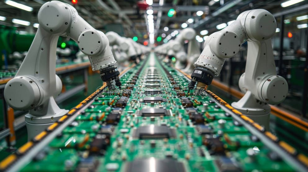 Manufacturing Robots Perform Precision Work To Produce Chips Stock ...
