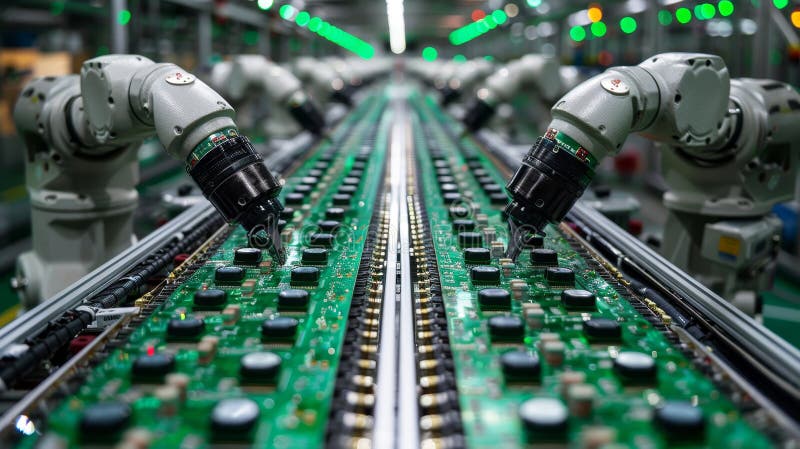 Manufacturing Robots Perform Precision Work To Produce Chips Stock ...