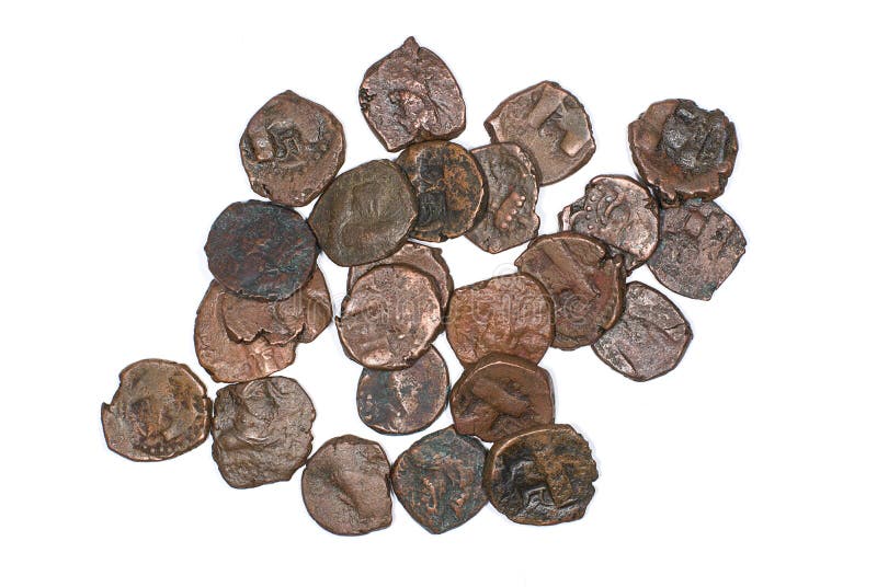 Many Ancient Bronze Coins on Over White Stock Image - Image of coin ...