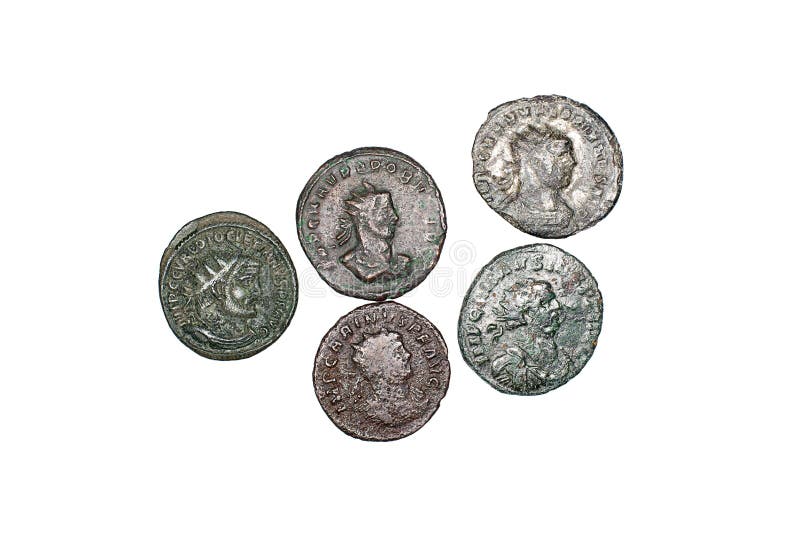 Many Ancient Bronze Coins on Over White Stock Image - Image of vintage ...
