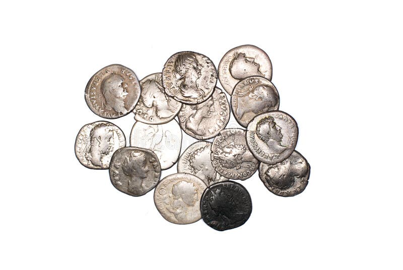 Many Ancient Silver Coins on Over White Stock Image - Image of antique ...