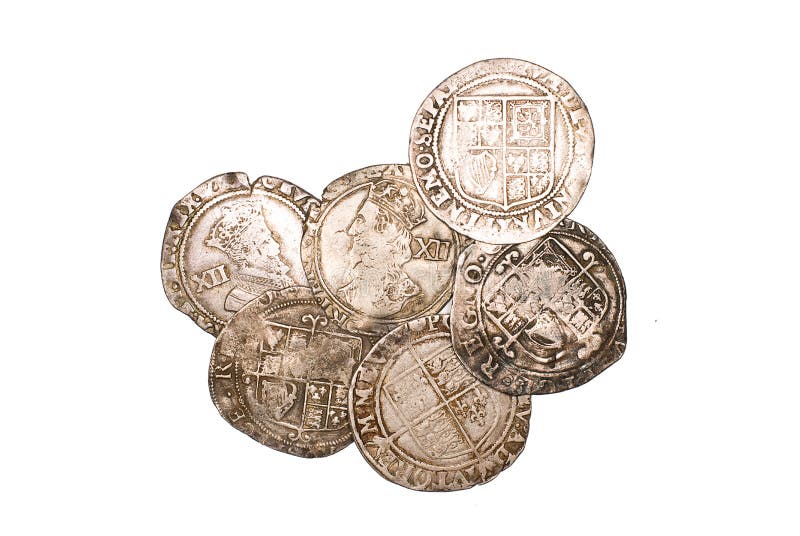 Many Ancient Silver Coins on Over White Stock Photo - Image of bank ...