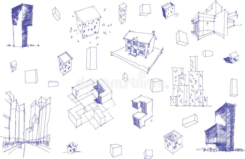 Many Architectural Sketches of a Modern Abstract Architecture and ...
