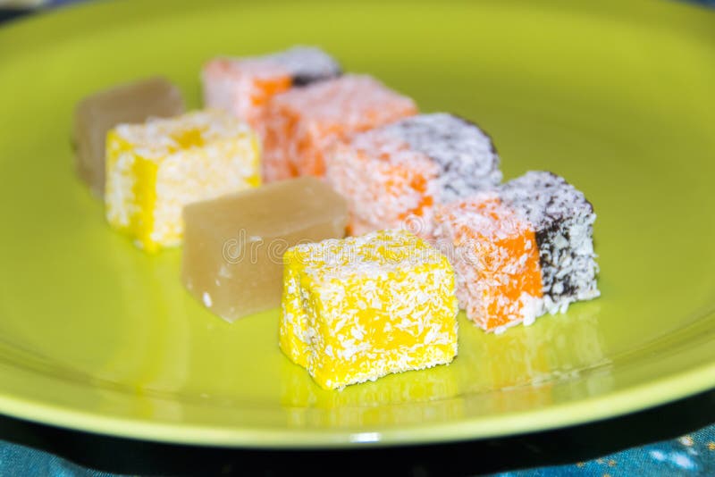 Many Assorted Multicolored Turkish Delight Green Background Stock Image ...