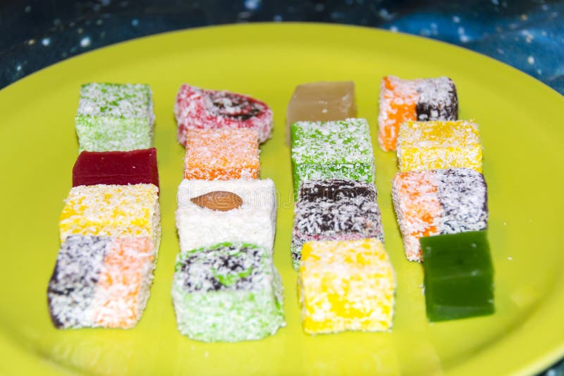 Many Assorted Multicolored Turkish Delight Green Background Stock Photo ...