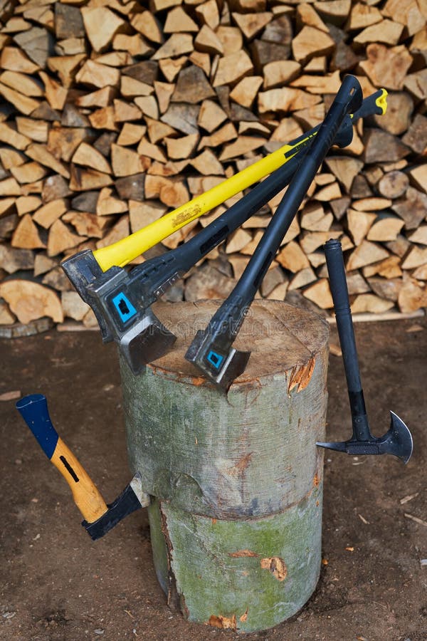 Many axes on a stump stock image. Image of bark, cutter - 217444101